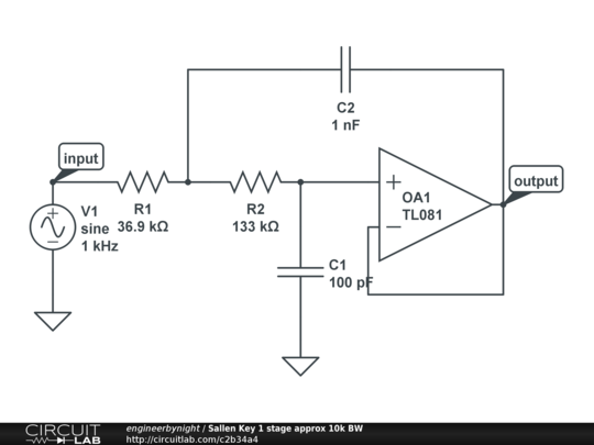 Sallen Key 1 stage approx 10k BW - CircuitLab