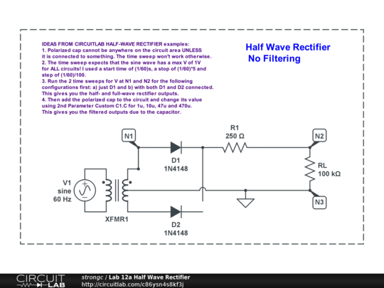 Lab 12A Half Wave Rectifier, No Filter - CircuitLab
