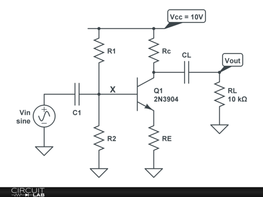 Common Emitter Degenerator Inverting Amplfier with Voltage Dividing Bias - CircuitLab